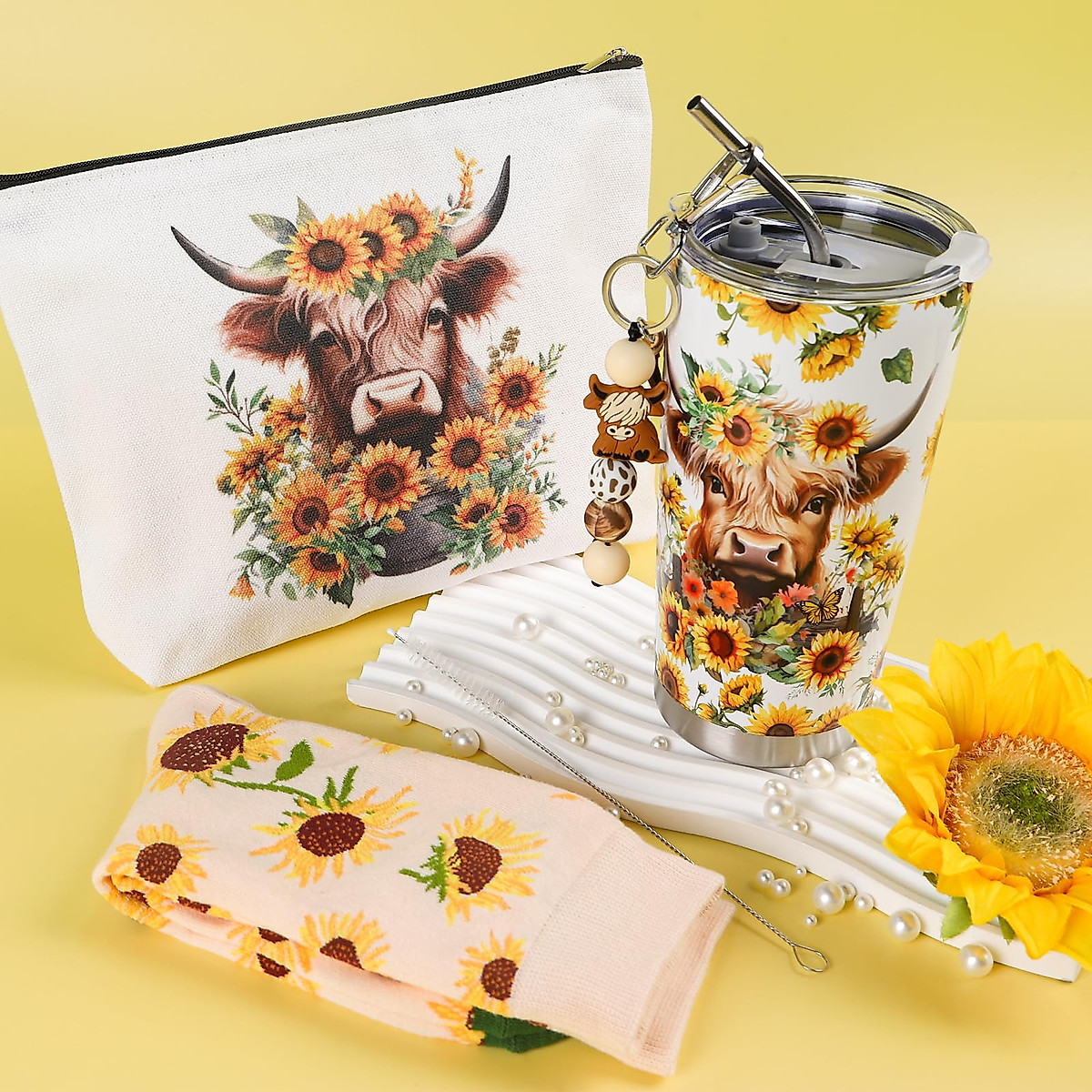 Keluna Highland Cow Gifts for Women - 4Pcs Sunflower Highlandcow Gift, 20oz Highland Cattle Tumbler with Lid Straw Cattle Makeup Bag Keychain Socks for Cow Lovers Girls Birthday Christmas Gifts