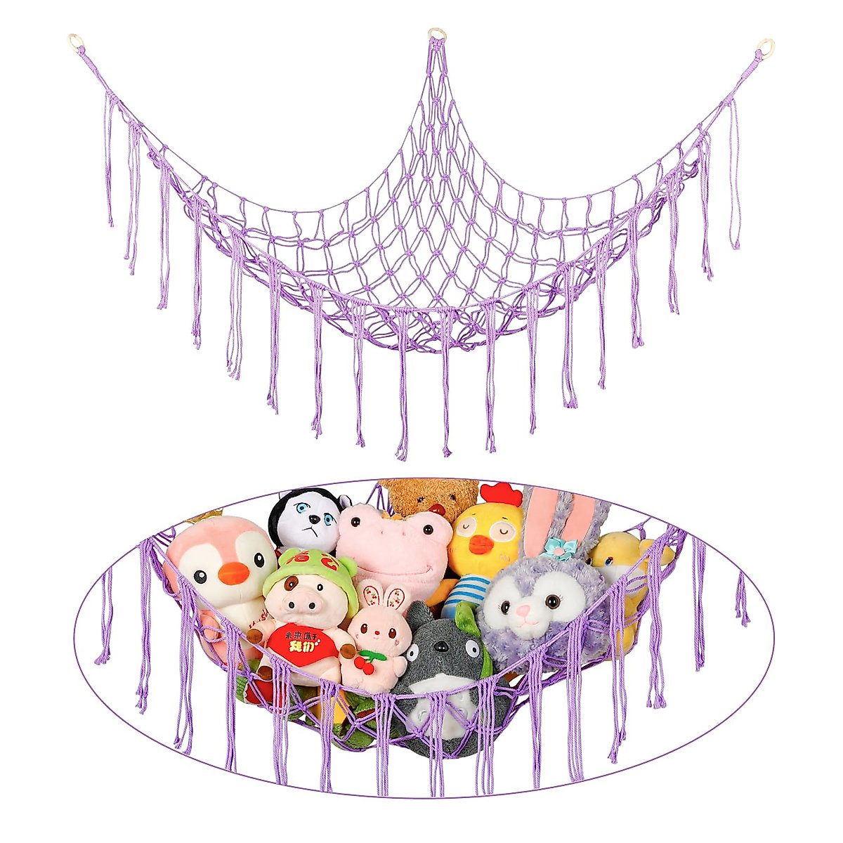 Boho Stuffed Animals Net or Hammock Large,55 inch Toy Hammock Macrame Stuff Animal Storage Corner Hanging Net Holder,Mesh Hammock Plush Toy Organizer with Hooks for Bedroom,Nursery (Purple)
