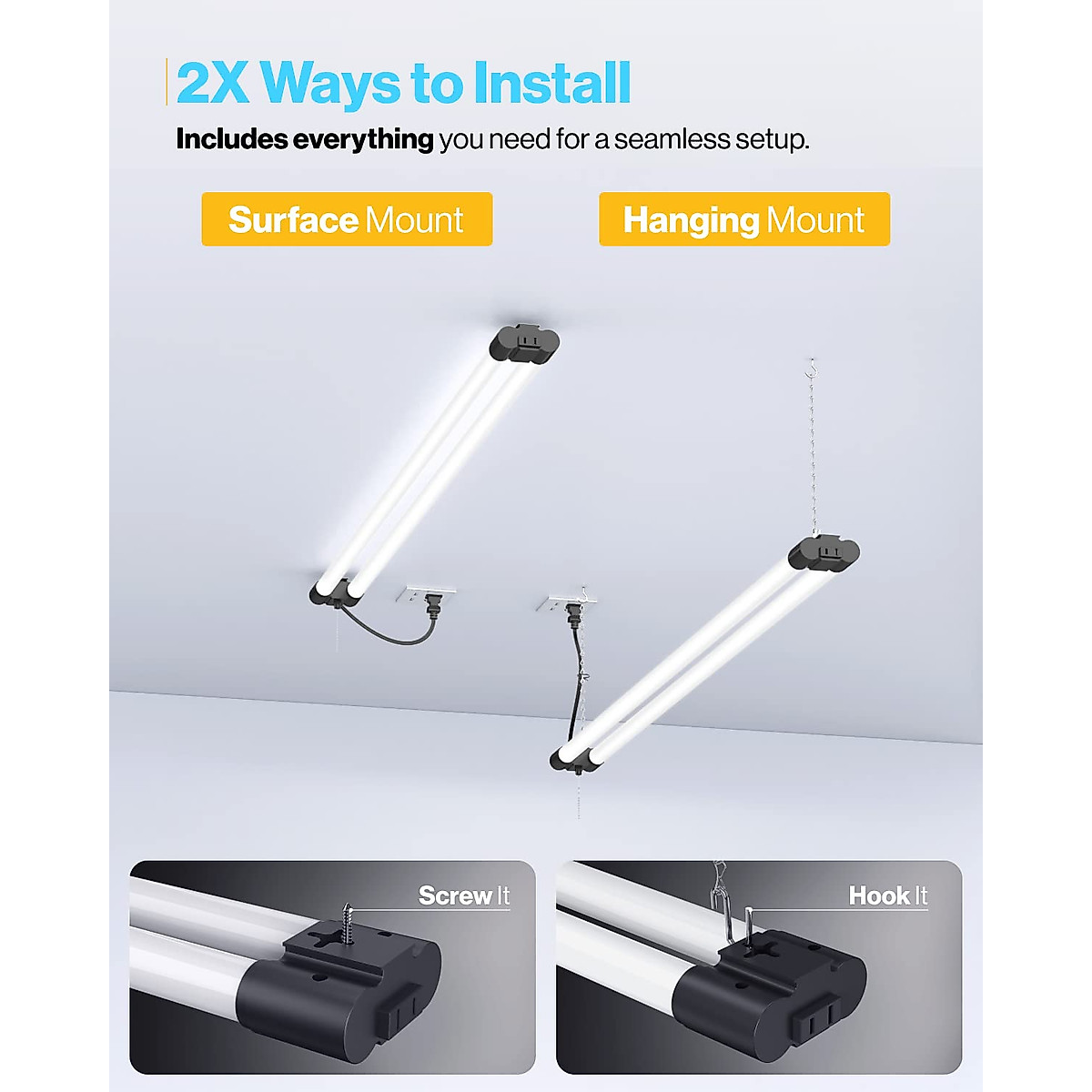 Sunco 8 Pack Linkable LED Utility Shop Light, 4500 LM, 6000K Daylight Deluxe, 4 FT, 48 Inch Integrated Fixture for Garage, 40W Equivalent 150W, Surface + Suspension Mount, Black