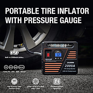 JF.EGWO 2000A Car Jump Starter with Air Compressor, 22000mAh Battery Booster (Up to 8.5L Gas or 8.0L Diesel Engine) &150 PSI Tire Inflator, Built-in 2 USB Ports and 2 LED Light