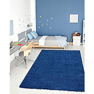 Sweethome Stores Cozy Collection Plush Luxurious Solid Navy Solid Design (5' X 7') Shag Living Room & Bedroom Area Rug