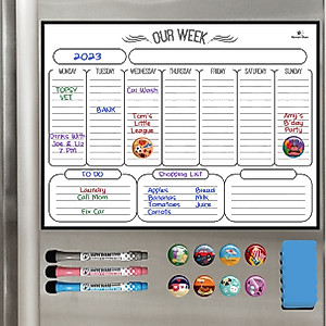 Magnetic Weekly Dry Erase Board Calendar Whiteboard - Magnetic Weekly Planner for Refrigerator - Stain Resistant Nano Technology - 3 Fine Tip Markers and Eraser, 10 Highlight Icons 16inchX12inch