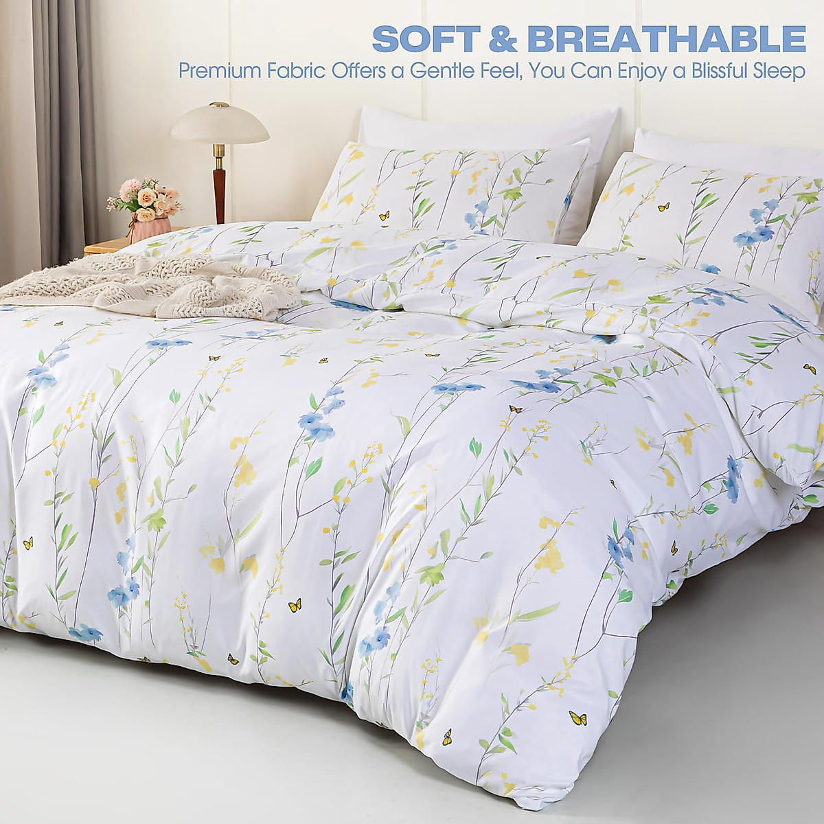 MIOTO California King White Duvet Cover, 3 Pieces Elegant Floral Duvet Cover Set with Zipper Closure, Soft & Breathable Bedding Set, 1 Duvet Cover with 8 Ties (104x98) and 2 Pillowcases (20x36)