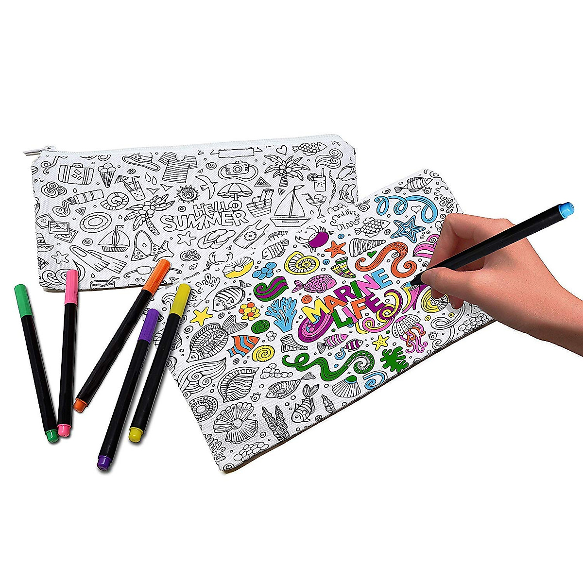 VHALE 2 Pack of Color Your Own Pencil Case, Coloring Pencil Case, Pen Case, Stationery Pouch Zipper Bag, Classroom Arts and Crafts, Travel Toys, Party Favors for Kids (Large and Small)