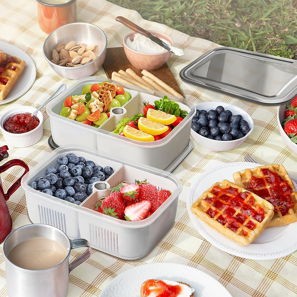 Veggie Trays with Lid, 2 Pack Meal Prep Containers, Food Storage Containers with Lids, 2 Removable Compartments Food Containers for Fruits/Vegetables/Snacks, Dishwasher Safe, BPA Free & Leak Proof