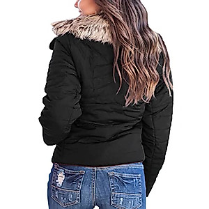 Dokotoo Womens Casual Ladies Winter Faux Fur Collar Zip Up Open Front Quilted Puffer Jacket Coat Outerwear with Pockets Black Small