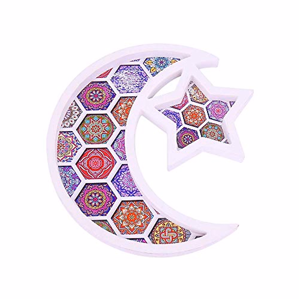 Wooden Eid Mubarak Dessert Tray, Ramadan Kareem Moon Star Shape Tray, Wooden Artistic Party Serving Tableware Tray Display Wood Decoration for Parties, Weddings (White Star)