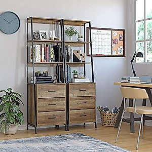 URKNO Industrial Ladder Shelves, Bookcase with Fabric Drawers and 3 Tier Open Shelves, Freestanding Storage Cabinet Tall Nightstand for Living Room, Bedroom, Office, Rustic Brown