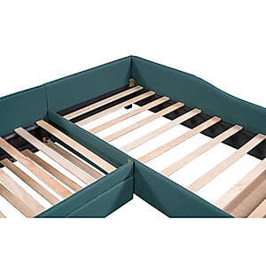 CITYLIGHT Upholstered L-Shaped 2 Twin Beds with Trundle and Storage Drawer, Wood Linen Corner Bed for Kids Girls Boys Teens Bedroom, Green