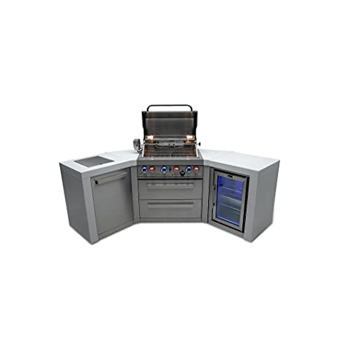 Mont Alpi MAi400-D45FC 32-Inch 4-Burner 78000 BTU 45-Degree Deluxe Stainless Steel Island Outdoor Kitchen Gas Barbecue Island Grill + Compact Refrigerator Wine Cooler + Infrared Side Burner