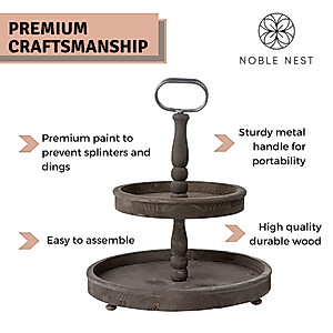 Noble Nest Farmhouse Tiered Tray, Two Tiered Tray, Rustic Farmhouse Kitchen Decor with Metal Handle and Distressed White Finish, Decorative Tray, Modern Farmhouse Decor - Brown Tiered Tray