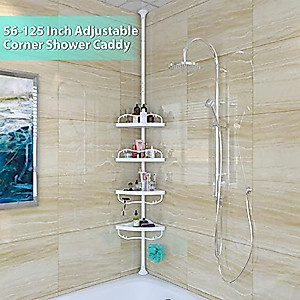 Sempicad Corner Shower Caddy,Rustproof Tension Shower Caddy with 4 ABS Baskets,Shower Storage Shelf with 56 to 125 Inch Adjustable Stainless Pole for Bathroom White