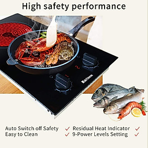 Karinear 2 Burner Electric Cooktop 12 Inch Built-in Electric Stove Top, 220v- 240v Radiant Cooktop with Residual Heat Indicator, Knob Control, Over-Temperature Protection, Hard Wire(No Plug)