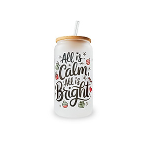 Hogg 16oz Christmas Glasses - Silent Night Design, Cute Christmas Stuff, Glass Cup with Lid and Straw, Xmas Gifts for Women