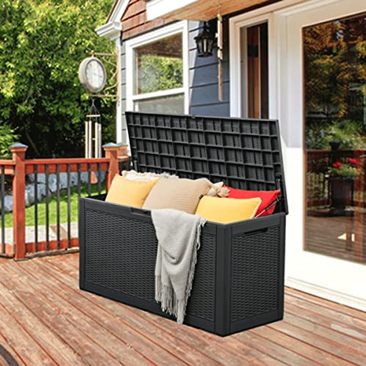 LESIMI Large Outdoor Storage Deck Box, 100 Gallon Resin Organizer Box for Patio Garden Poolside Outdoor Waterproof and Lockable, Black