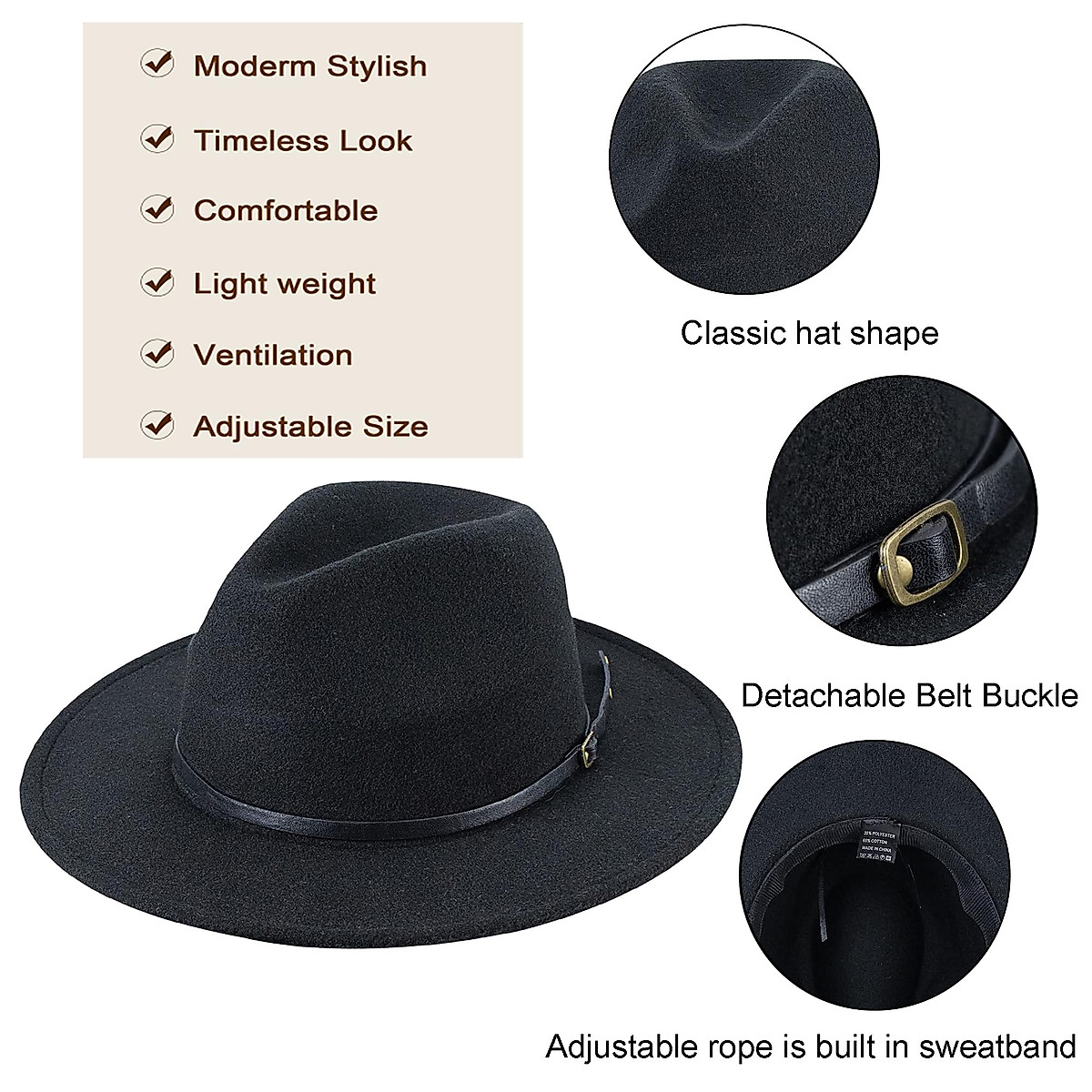Classic Felt-Fedora Hat with Belt Buckle Women Wide Brim Wool Panama-Hat Adjustable（Size：S-M）
