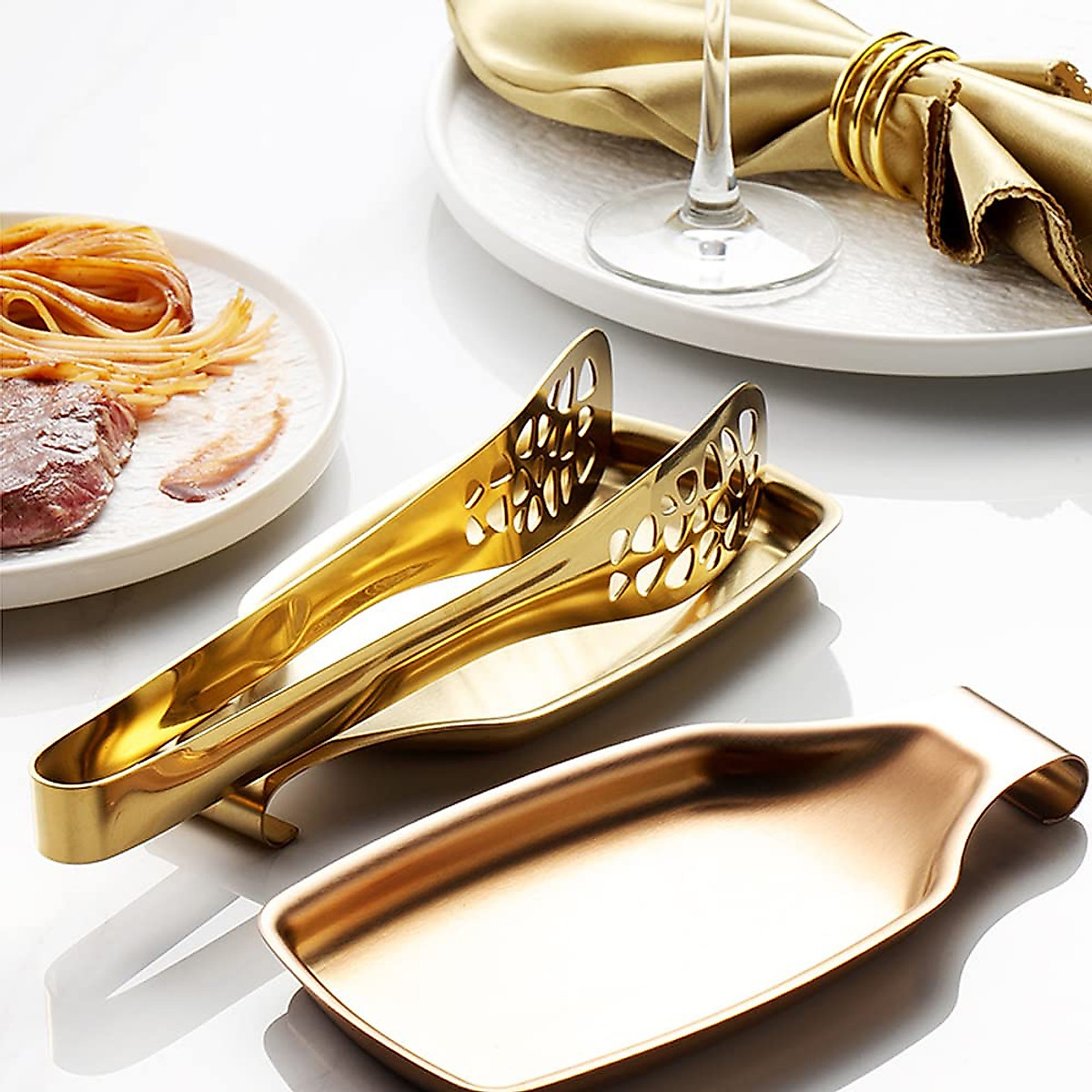 Spoon Rest for Stove Top, 2-Piece Stainless Steel Spoon Holder for Kitchen Counter, Gold Spatula Ladle Cooking Utensils Rest, Heavy Duty & Large Size, Dishwasher Safe