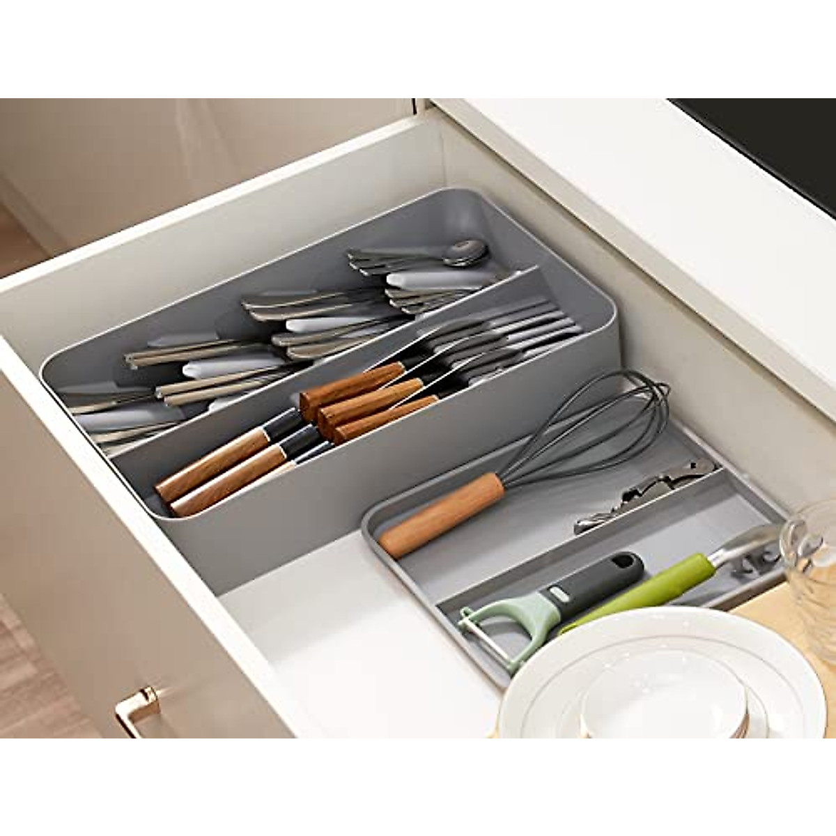 SOMIER 3-in-1 Kitchen Drawer Organizer Flatware Cutlery and Utensil Trays, 2-Tier Knife Holder - 4 Stacked Compartments Silverware Tray - A Removable Divider for Kitchen Gadgets Storage, Gray