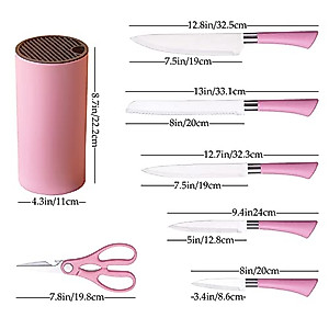 Kitchen Knife Set, Retrosohoo 7-Pieces Pink Non-stick Chef Knife Set with Storage Block, PP Handle Ultra Sharp Stainless Steel Cooking Knives with Gift Box for Girls Women (Pink)