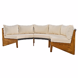 Quarte Outdoor Acacia Wood Round Sofa Set, Half-Moon Sectional Sets with Coffee Table,6-Person Seating Group for Garden, Deck (Beige/Half-Moon*A)