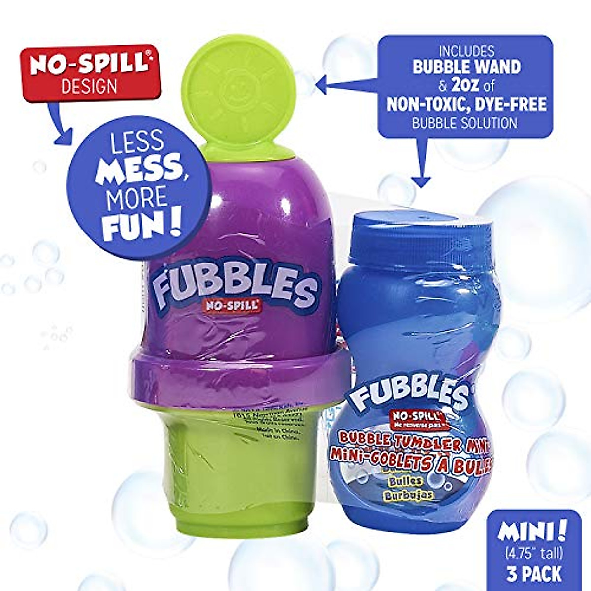 Fubbles Bubbles No-Spill Bubble Tumbler for Babies Toddlers and Kids | Includes 6oz Bubble Solution and Bubble Wand (Tumbler Colors May Vary)(Pack of 3)