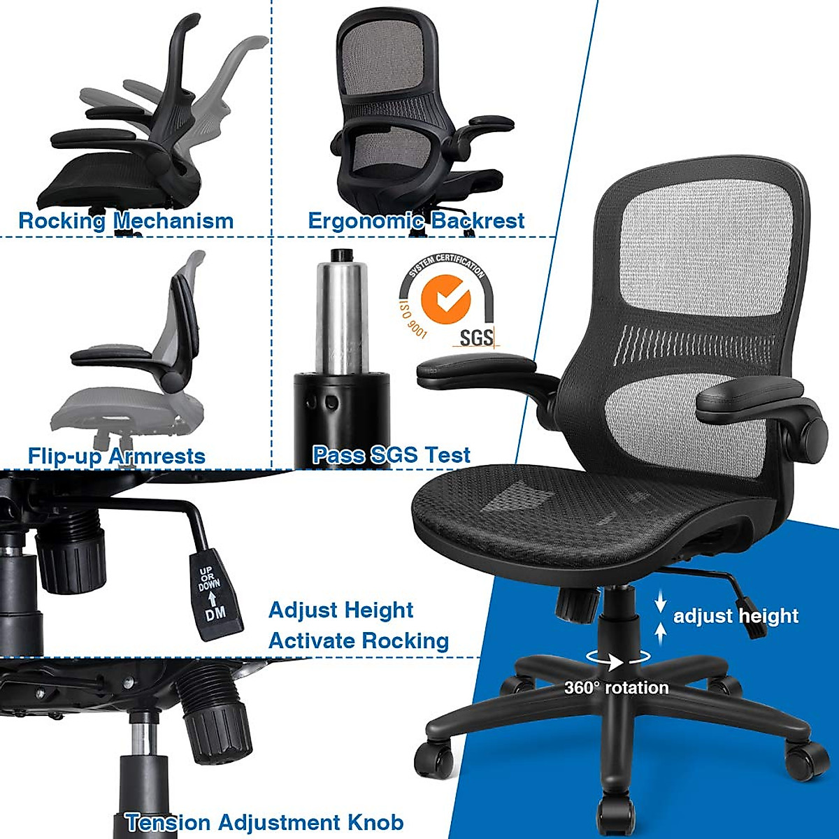 Funria Mid Back Mesh Office Chair Adjustable Ergonomic Swivel Executive All Mesh Task Chair with Flip Up Armrests Lumbar Support Computer Desk Chair