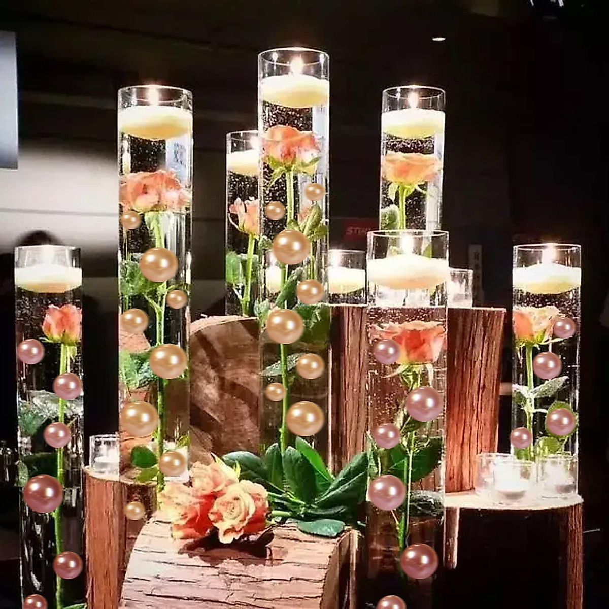 Cymtoo 140 Pieces Pearl for Vase Filler No Hole Pearl Beads for Centerpieces Vase Makeup Beads for Brushes Holder for Home Wedding Decor 10/14/20mm (Rose Gold)