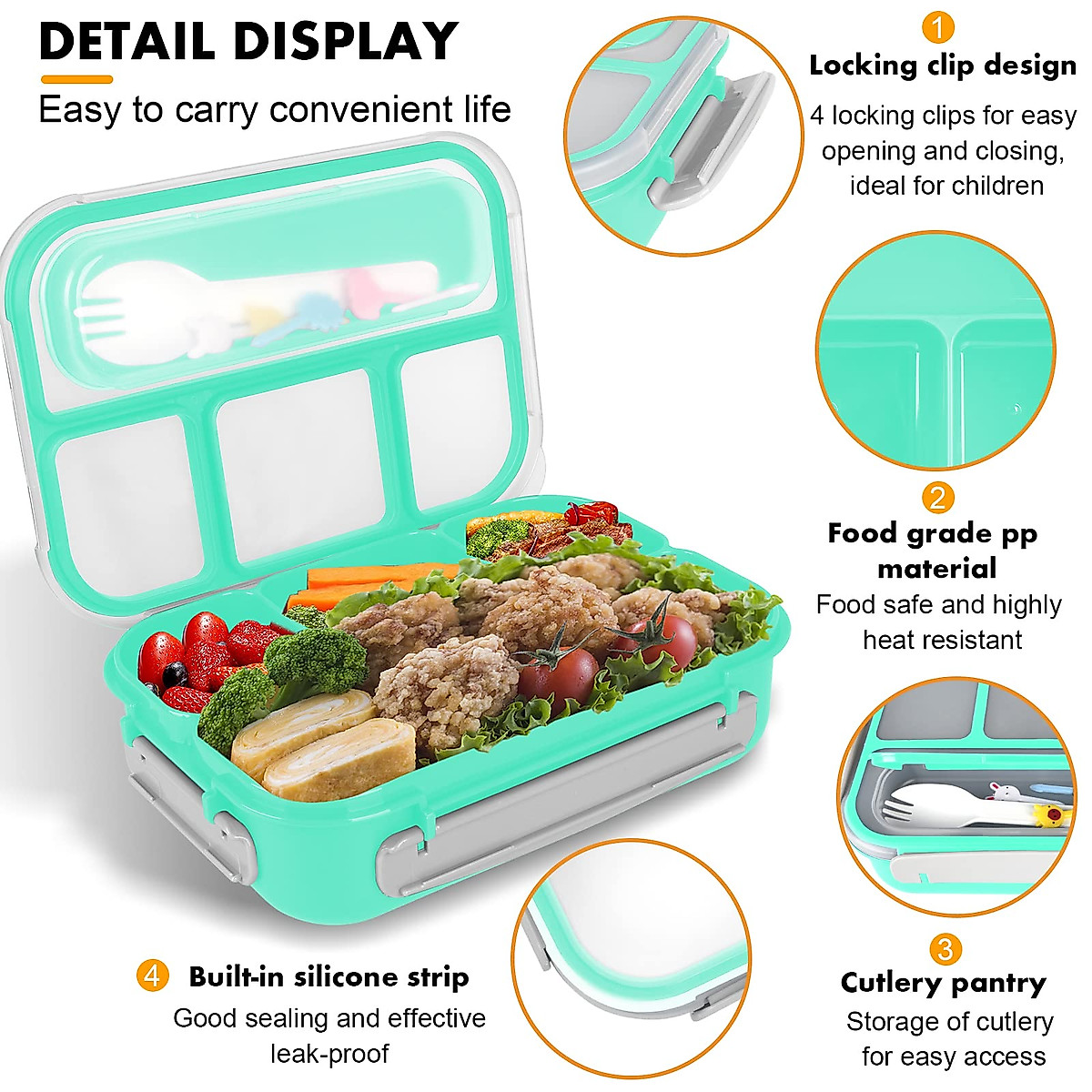 Bento Box, Lunch Box Kids, 1300ML Bento Box Adult Lunch Box with 4 Compartment &Food Picks Cake Cups, Lunch Box Containers for Adults/Kids/Toddler, Leak-Proof, Microwave/Dishwasher/Freezer Safe(Green)