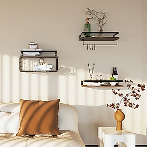 WXCGX Floating Shelves, Rustic Floating Shelves Wood Over Toilet with Paper Storage Basket, Farmhouse Wall Mounted Shelves Floating Shelf for Bathroom Bedroom Wall Decor Living Room Kitchen (3-Brown)