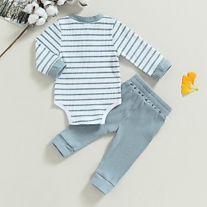 Newborn Baby Boy Girl Clothes Ribbed Knitted Long Sleeve Romper Pants Solid Cotton Infant Fall Winter Outfits 2Pcs (Striped Blue, 0-3 Months)