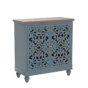 Sophia & William Accent Cabinet with 2 Doors, Distressed Storage Cabinet with Wood Frame and Hollow-Carved Door for Entryway Living Room, Blue