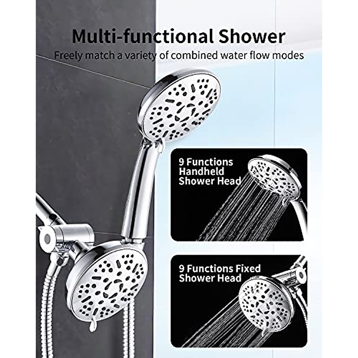 Ezelia High Pressure Shower Head Combo, 9 Settings Handheld Shower Head & Rainfall Showerhead, Premium 2-in-1 Dual Shower System with smooth 3-Way Water Diverter, Bathtub Systems,1.75GPM