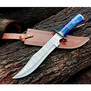 Handmade Damascus Steel Hunting Bowie Knife Full Tang Fix Blade 15' Inches Color Camel Bone Handle Comes With Leather Sheath Personalized Gift for Him