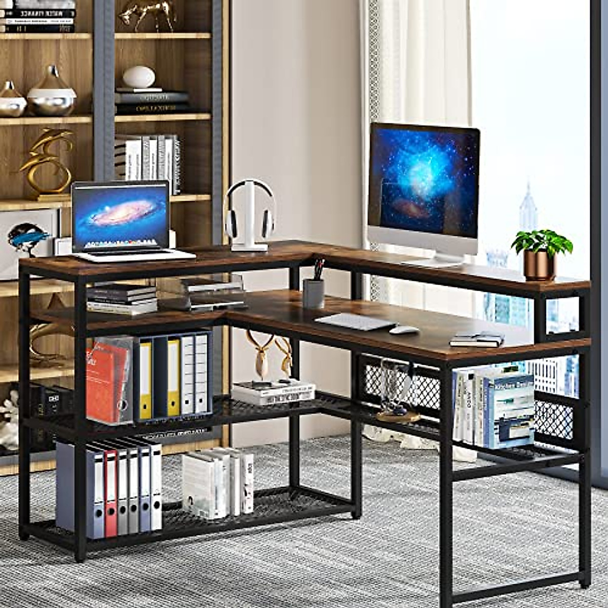 Tribesigns L-Shaped Computer Desk with Monitor Shelf Stand, L Shaped Corner Desks with Large Wood Desktop Industrial Heavy Duty Metal Frame Storage Shelves for Office Home, Rustic Brown Black