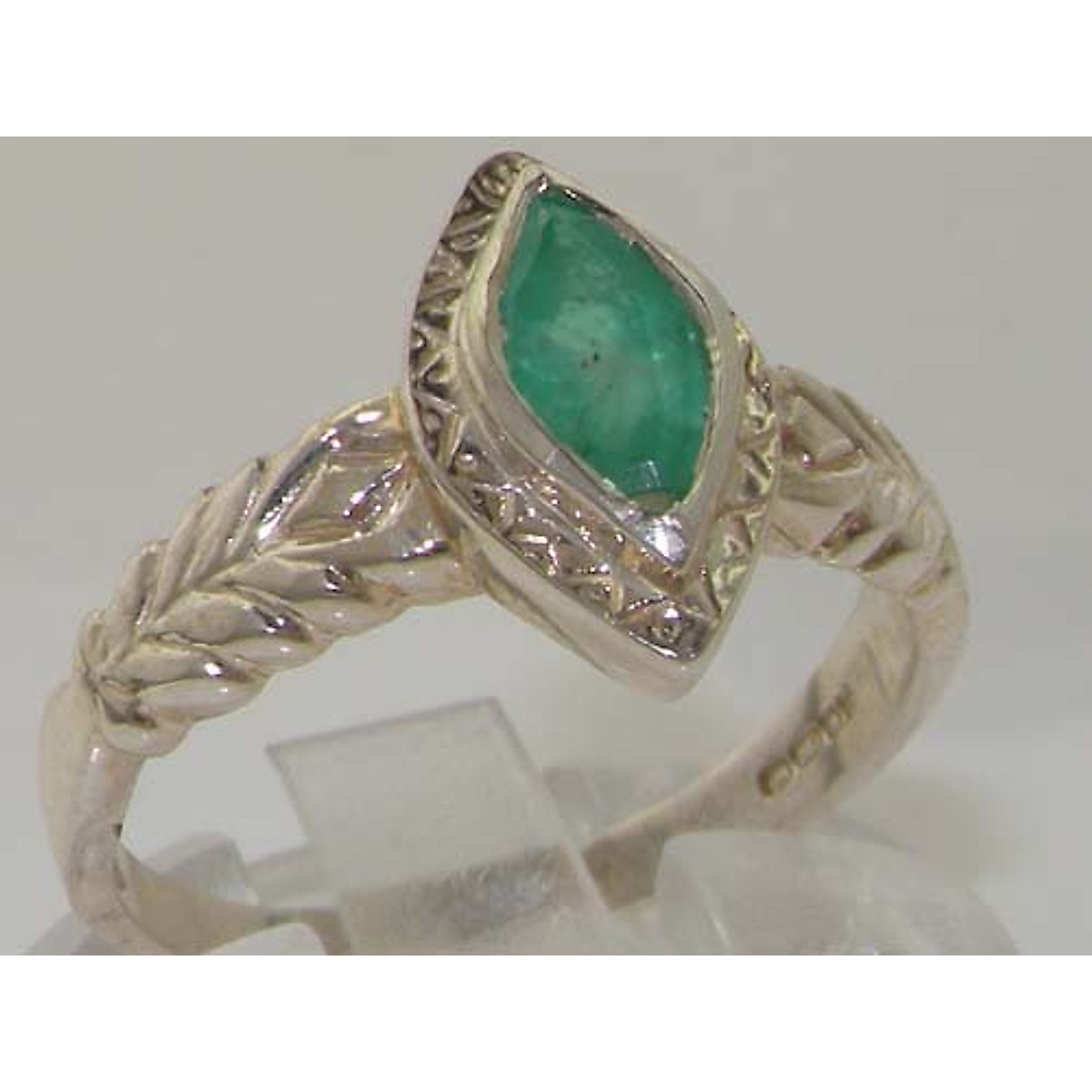 925 Sterling Silver Real Genuine Emerald Womens Solitaire Engagement Ring - Size 6