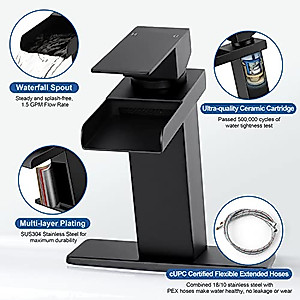 Matte Black Bathroom Faucet, Homikit Waterfall Bathroom Faucets for Sink 1 or 3 Holes, Modern Vanity Faucet with Single Handle Single Hole, Pop Up Drain, Deck Plate, 2 Water Supply Hoses