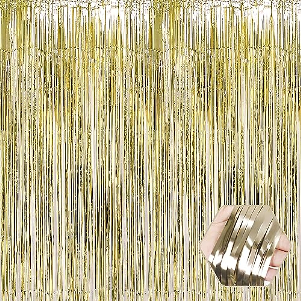 3 Pack Light Gold Foil Fringe Curtain Backdrop, 3.28Ft x 8.2Ft Metallic Tinsel Foil Fringe Streamer Curtains for Photo Booth, Halloween, Christmas, Birthday, Wedding Party Decorations