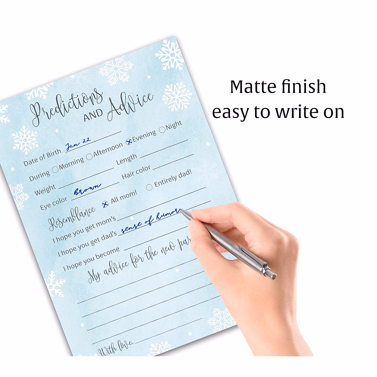 SNOWFLAKES Prediction and Advice Cards - Pack of 25 - WINTER Wonderland BLUE Boy Baby Shower Game, Wishes for Mommy & Daddy Message Baby It’s Cold Outside Activity Keepsake Frost Holiday G781-PDAV