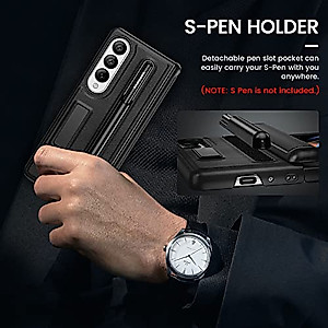 VEGO for Galaxy Z Fold 4 Case with S Pen Holder, Metal Kickstand Case with [Hinge Protection & Screen Protector], PU Leather Protective Case for Samsung Z Fold 4 5G 2022 New Released - Midnight Black