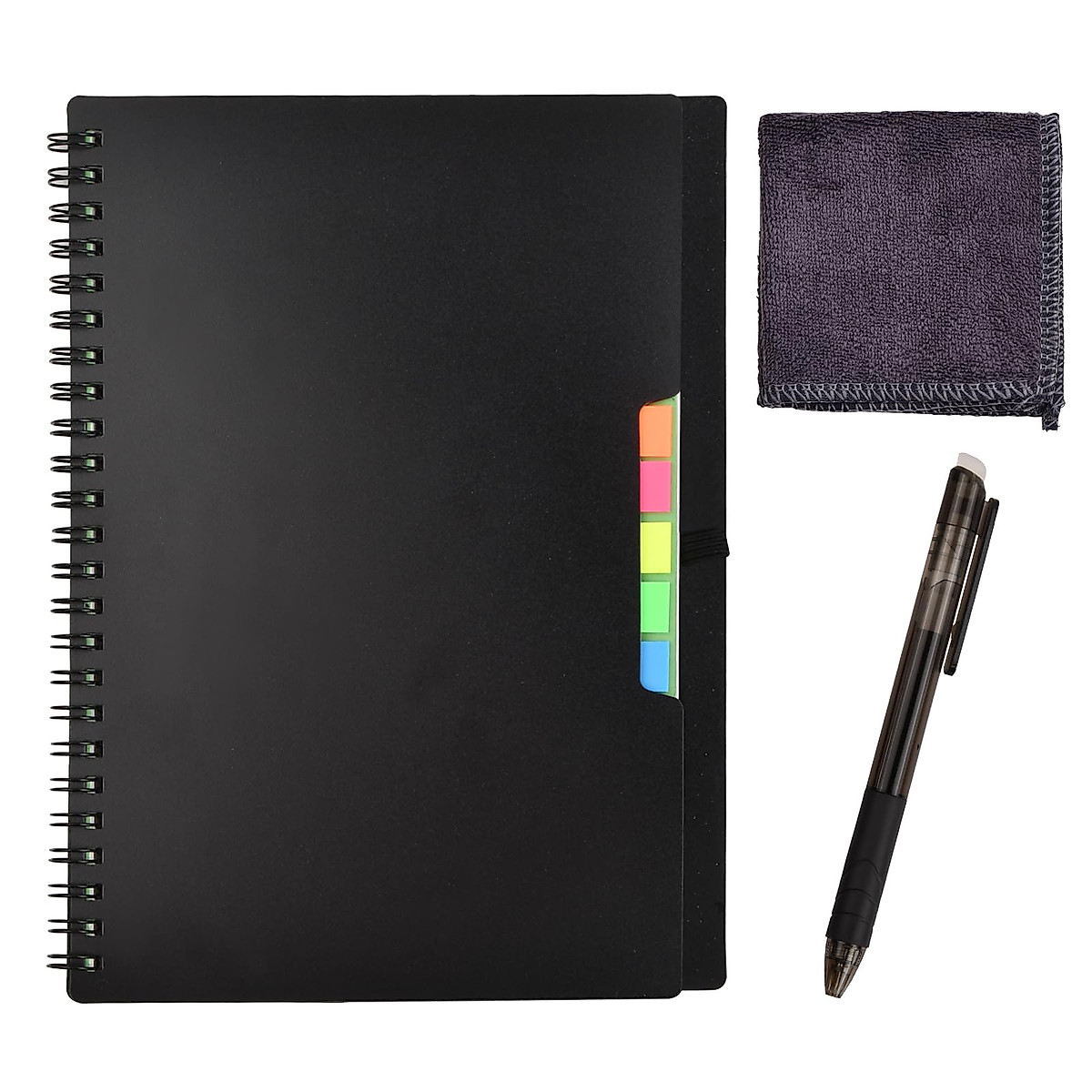 A5 Black Reusable Digital Notepad Eco Friendly Spiral Notebook with Erasable Pen, Sticky Notes and Microfibre Cloth