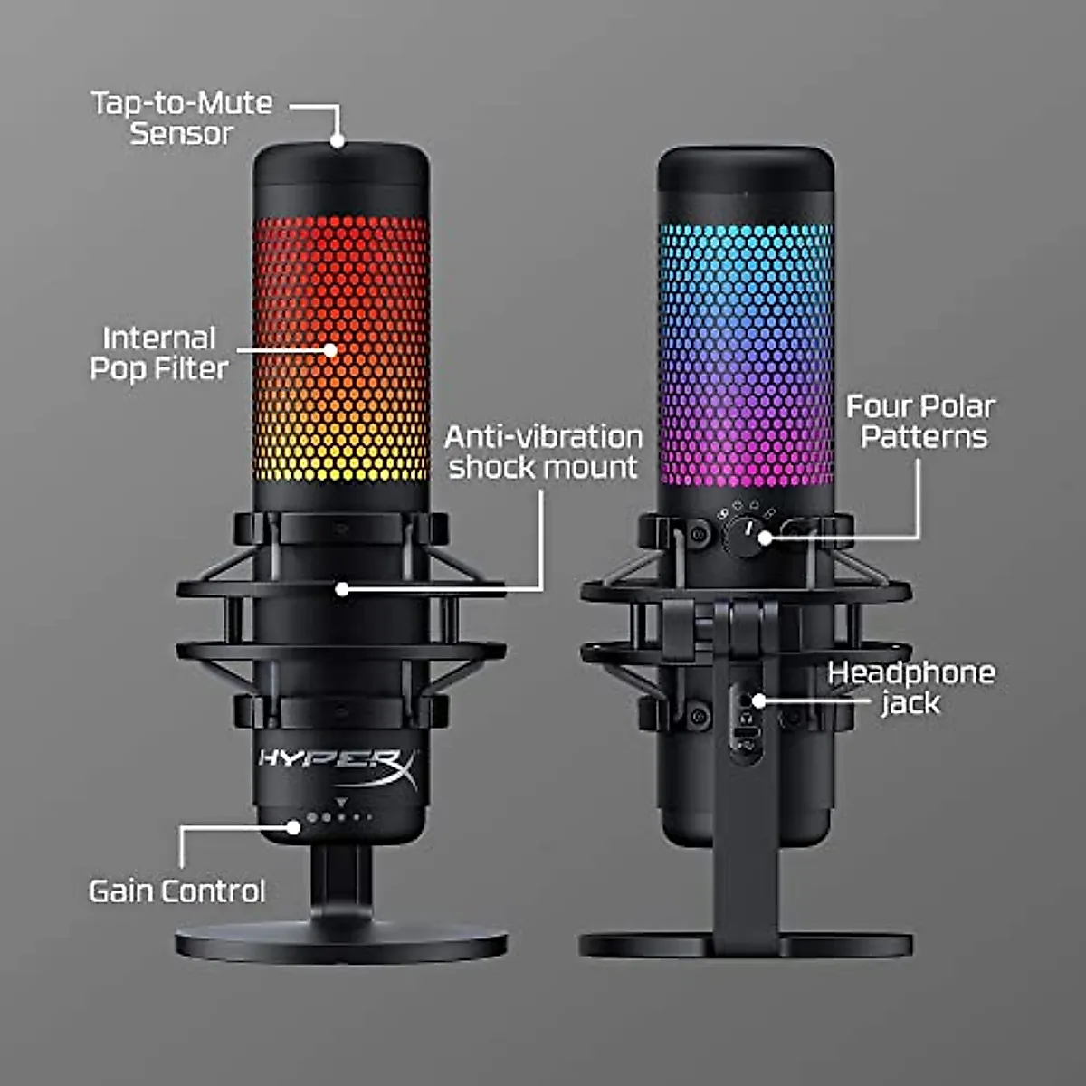 HyperX QuadCast S RGB USB Condenser Microphone for PC, PS4 and Mac, Anti-Vibration Shock Mount, Four Polar Patterns, Pop Filter, Gain Control, Gaming, Streaming, Podcasts (Renewed)