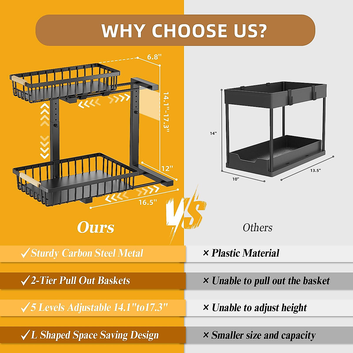 2 Pack Under Sink Organizer, Metal Slide out Sink Shelf Pull Out Cabinet Organizer Shelf, Kitchen Bathroom Organizers and Storage Metal Sliding Drawer, Multi-Purpose Storage for Home,Laundry Room