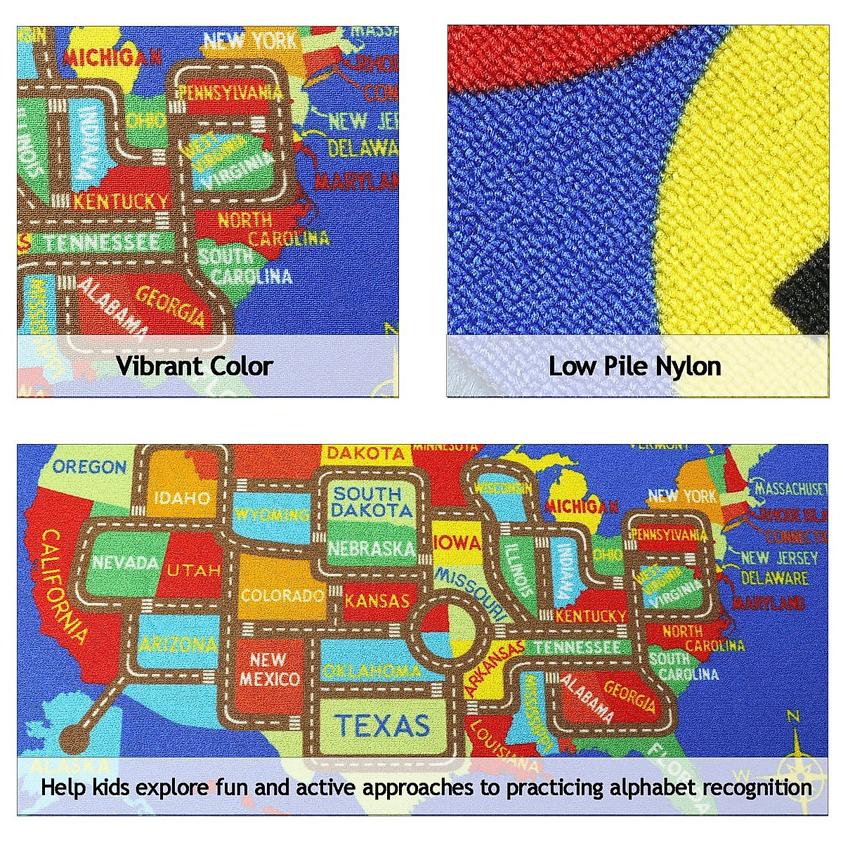 Capslpad Kids Rug USA Map Kids Play Rug 6'6"x 5' Large Size ABC Alphabet Educational Learning Classroom Area Rug Non Skid City Road Car Rug Play Mat for Children Bedroom Playroom Nursery Room