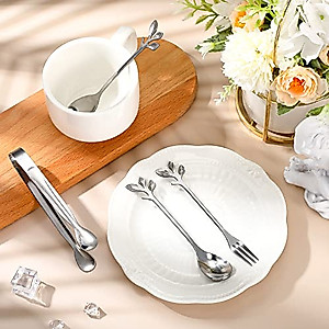 Leaf Coffee Spoons, Mini Serving Tongs and Appetizer Forks Stainless Steel Sugar Cube Tongs Dessert Spoons Metal Dinner Forks for Dessert Coffee Tea (10, Silver)