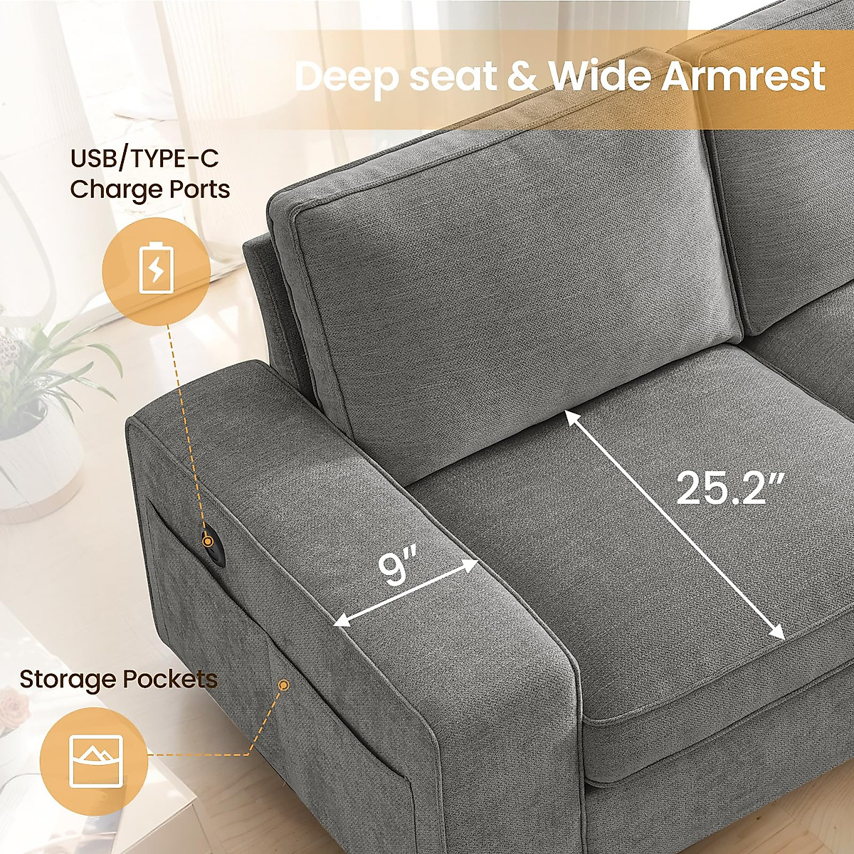 COHOME 100" L-Shaped Couch with Storage, Chenille Upholstered Deep Seat Couch for Living Room, Sofa with Reversible Chaise, Removable Covers, 4-Seater Apartment Sofa with Charge Ports,Grey