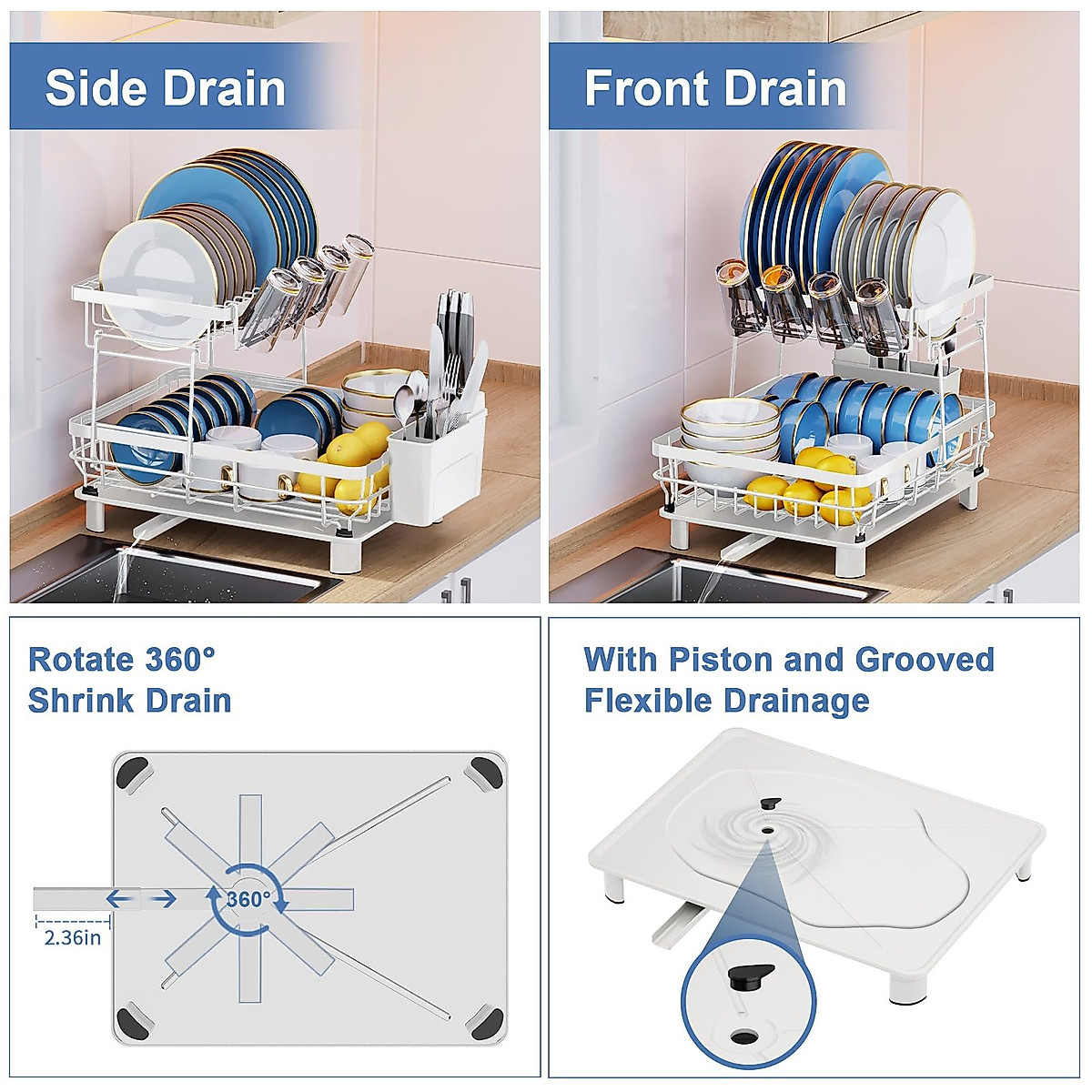 MOUKABAL White Dish Drying Rack- Durable Large Dish Racks for Kitchen Counter, Dish Drainer with Drainboard,Kitchen Organization and Storage for pioneer woman kitchen accessories (2 Tier