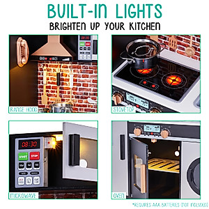 Lil' Jumbl Jumbl Kids Kitchen Set, Pretend Wooden Play Kitchen, Battery Operated Icemaker, Microwave, Range Hood, Stove Top, Oven, with Realistic Sound & Lights, Pots, Pan, & Utensils Included
