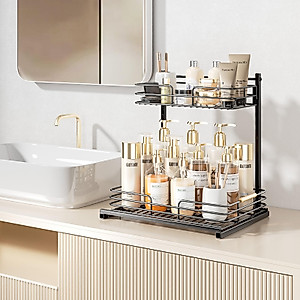 Delamu Under Sink Organizers and Storage, 2 Pack Under Kitchen Sink Organizer, Height Adjustable Bathroom Cabinet Organizer, Pull out Under Cabinet Organizer and Storage, Black