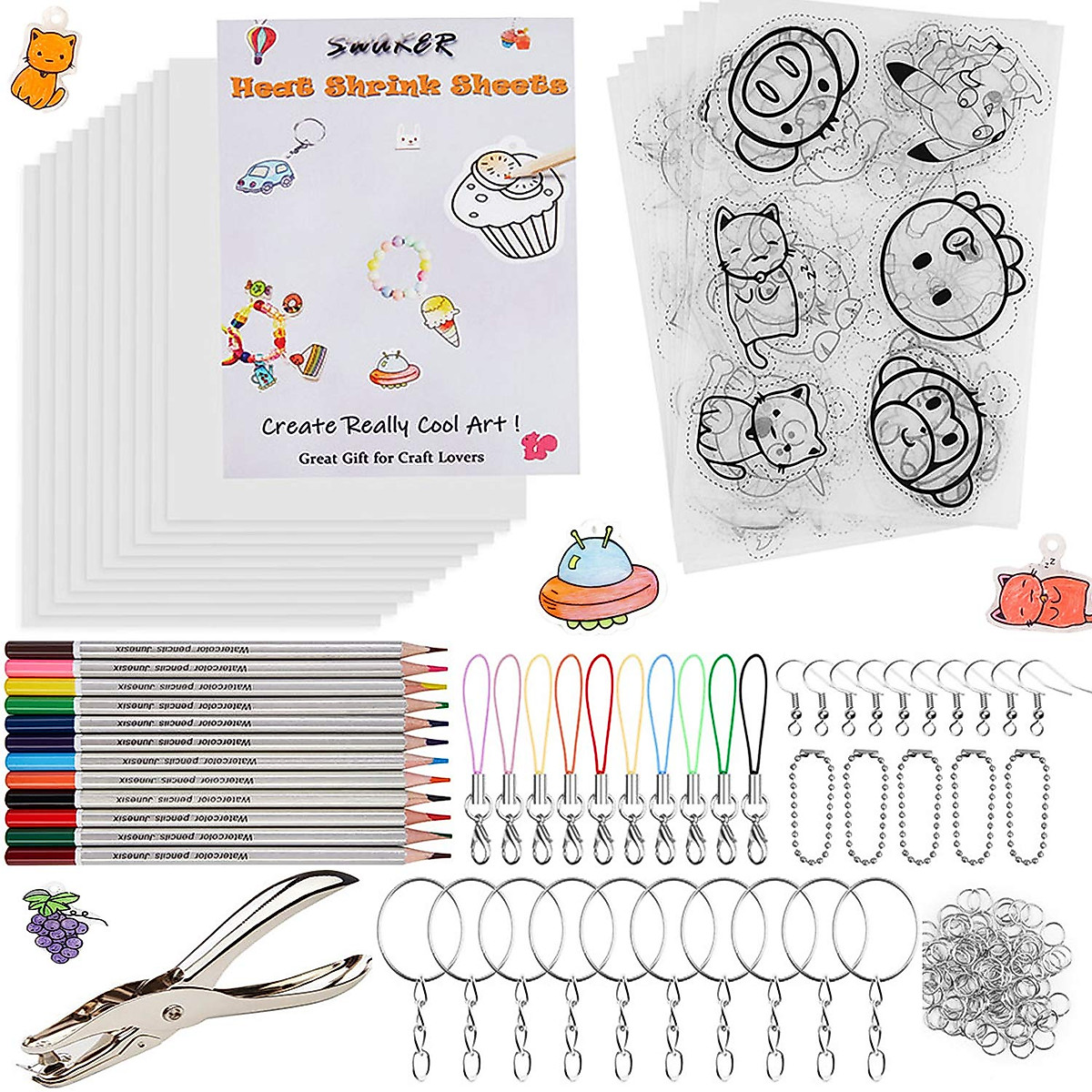 Shrink Plastic Sheet Kit, 166 Pcs Shrink Art Kit Include 10Pcs Shrink Film Paper and 8 Pcs Shrinky Art Paper with Pattern, Hole Punch, Keychains Accessories and Pencils for Kids Creative Craft