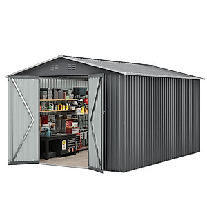 HOGYME 10x12 FT Outdoor Storage Shed, Large Metal Tool Sheds with Updated Frame Structure and Lockable Doors, Garden Shed for Backyard Garden Patio Lawn, Black